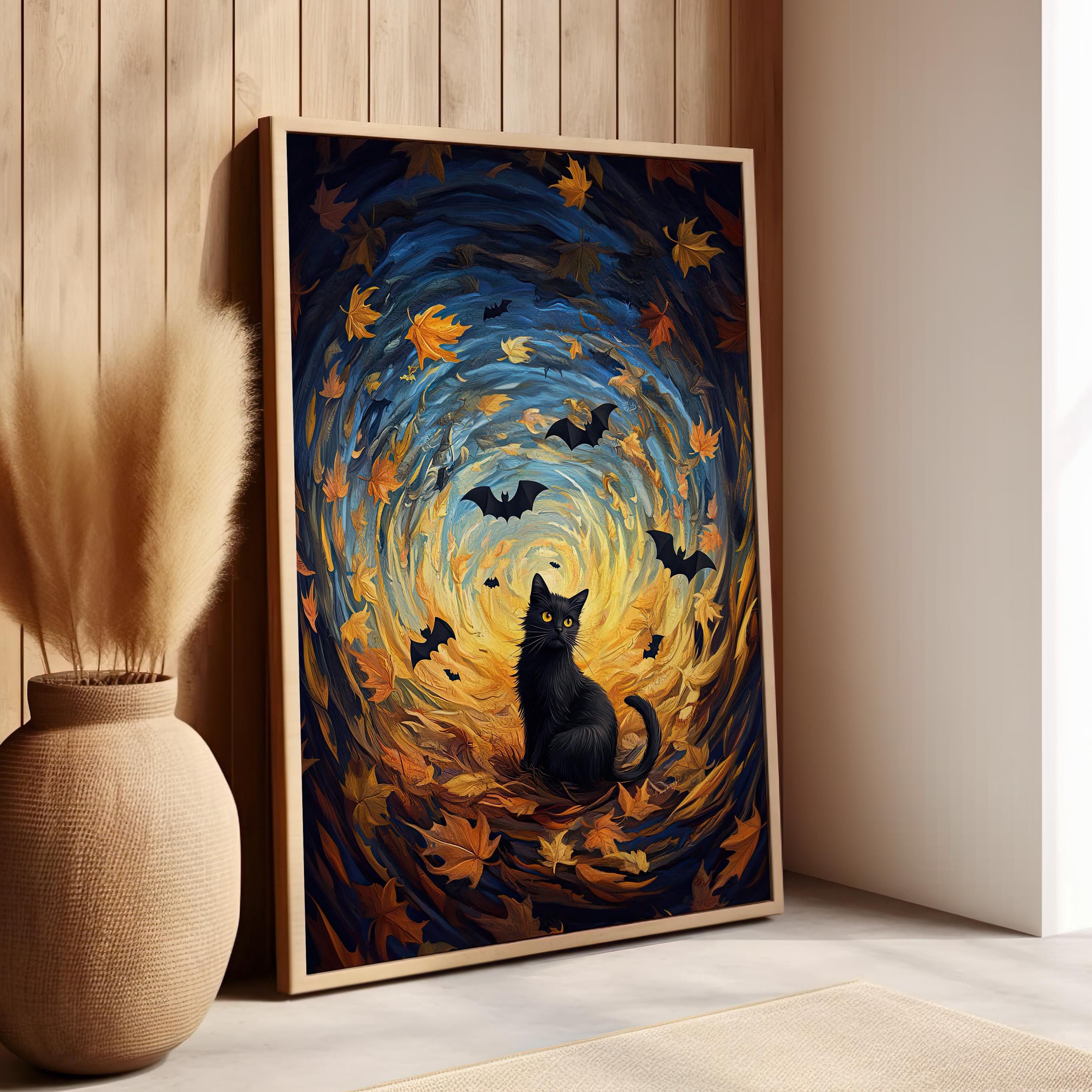 Black Cat And Bats Un Autumn Swirls Fantasy Art Print Black Cat Wall ...