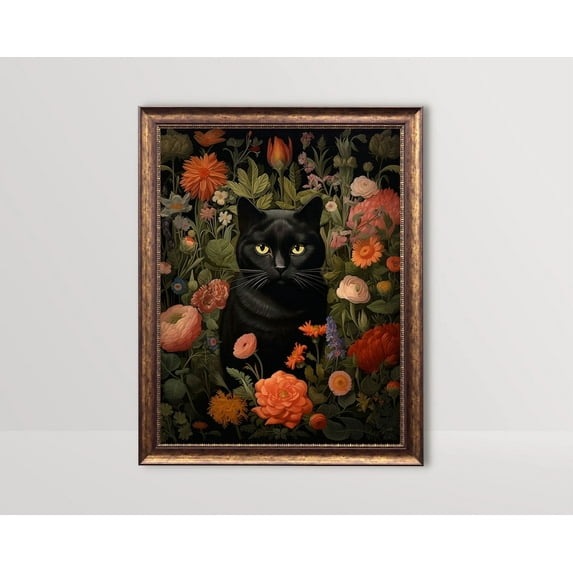 Black Cat And Flowers, Gothic Floral Print, Unframed Paper Poster ...