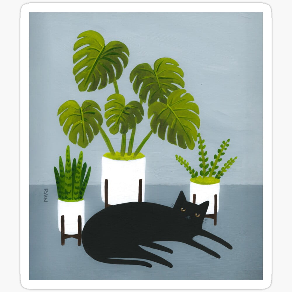 Black Cat And Potted Plants Sticker Phone Decal Water Bottle Stickers ...