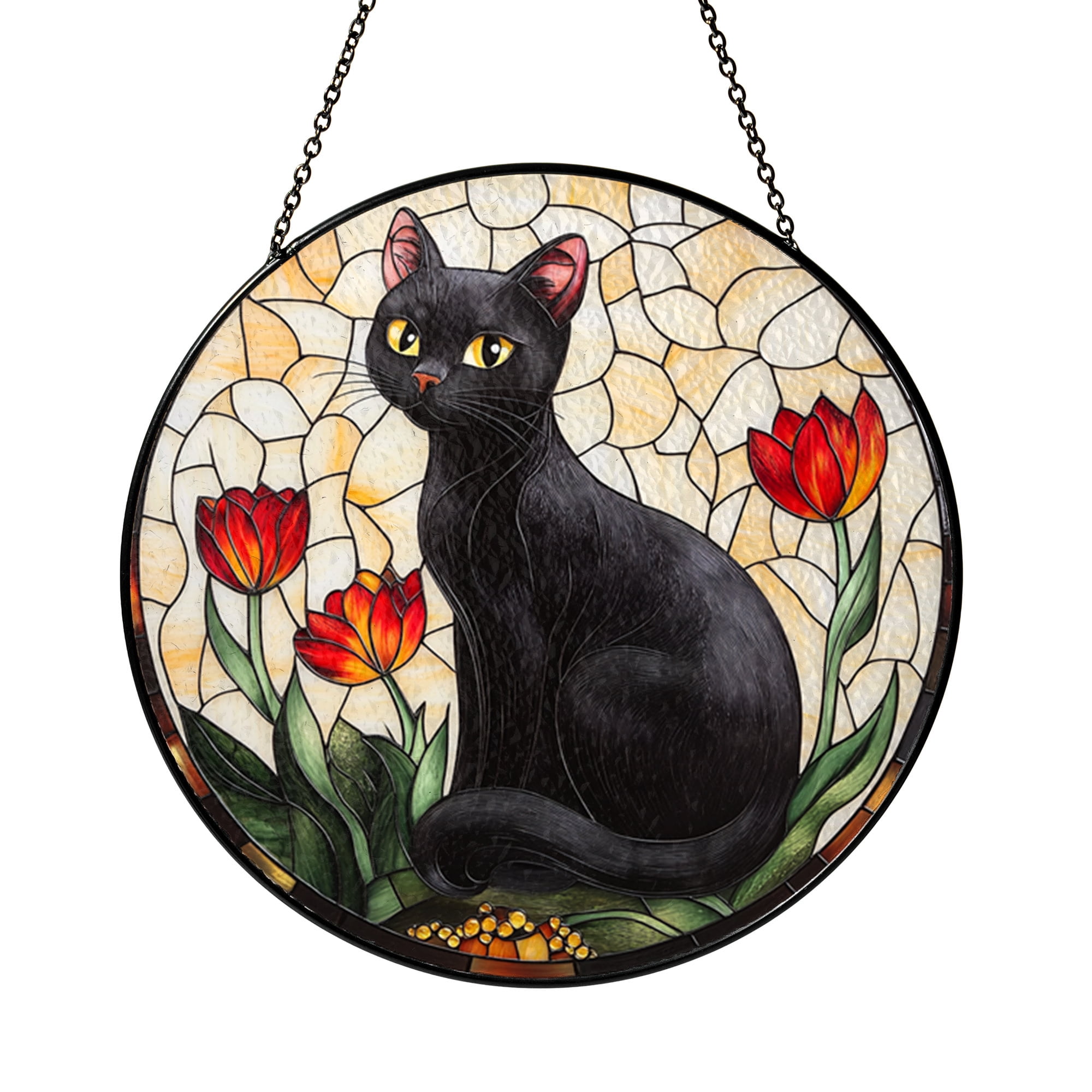 Black Cat And Red Blossom Suncatcher, Stained Glass Style Window Decor ...