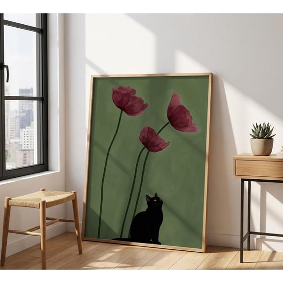 Black Cat And Red Flower Moody Botanical Minimalist Floral Olive Green ...