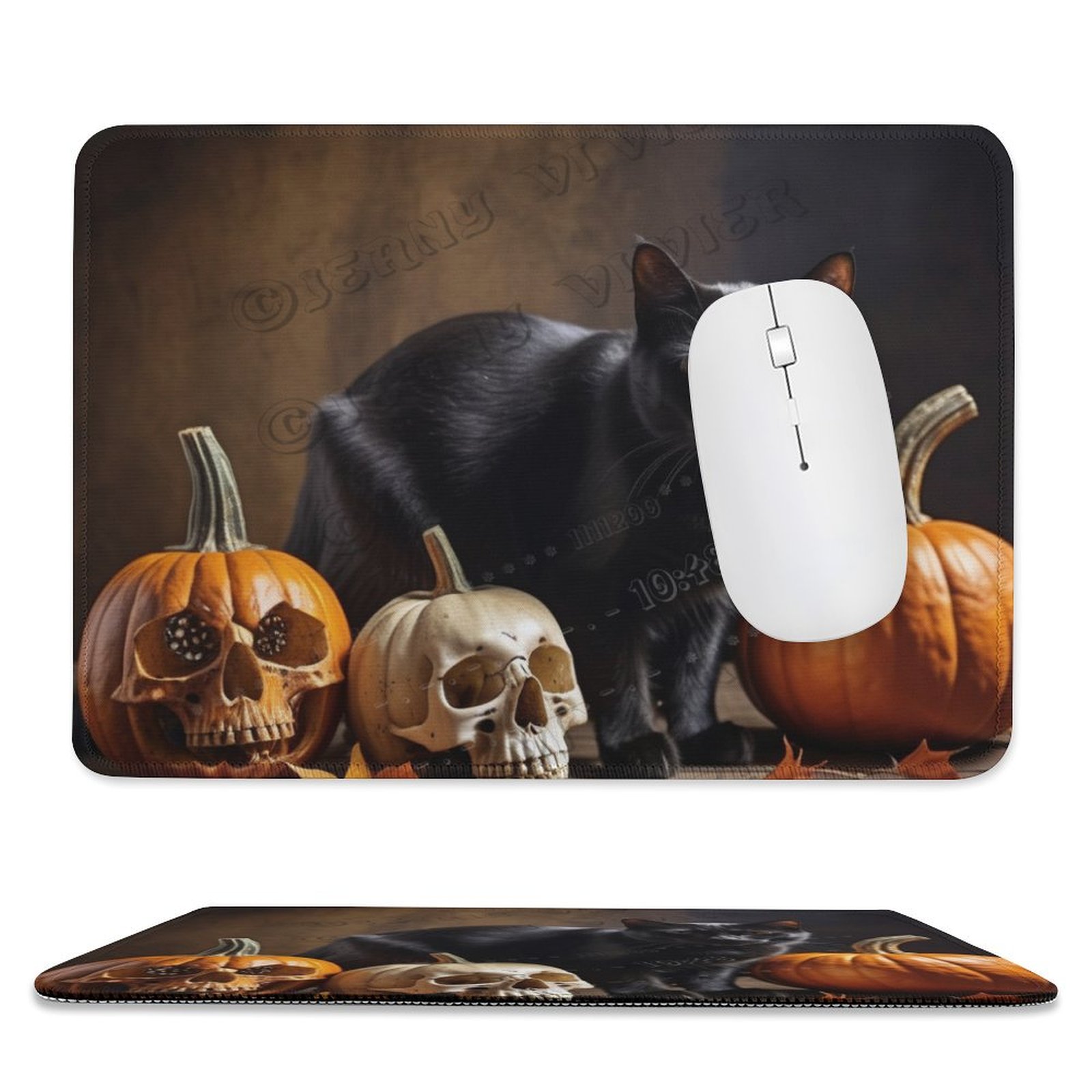 Black Cat And Skeleton Print Mouse Pad with Non-Slip Rubber Base ...
