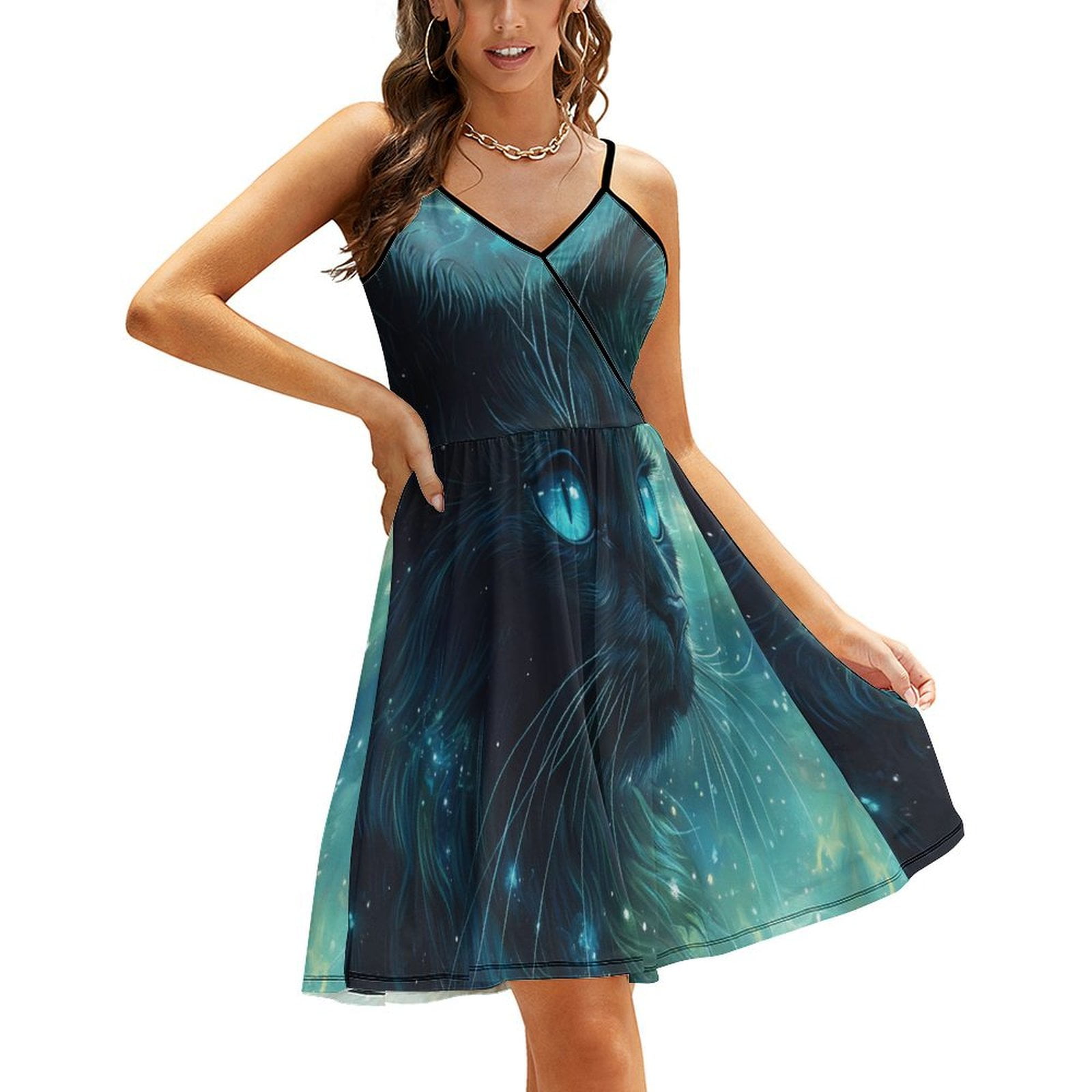 Black Cat And Starry Sky Galaxy Women's Sundress Cami Mini Dress ...