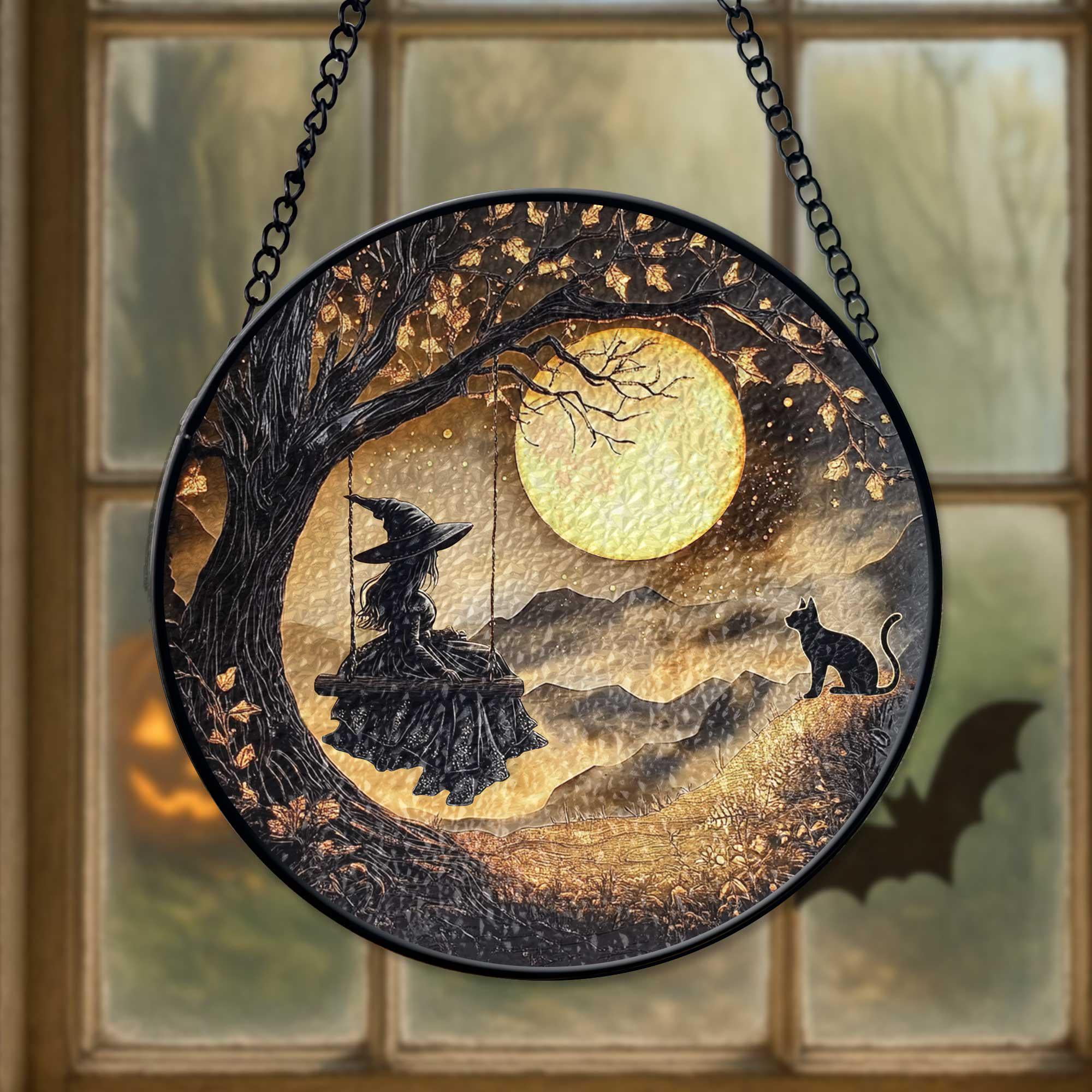 Black Cat And Witch Suncatcher, Cat Moon Suncatcher, Witchy Window ...