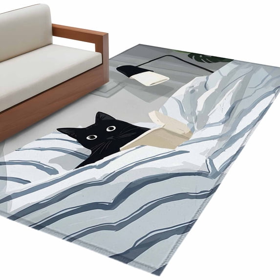 Black Cat Area Rug 4x6 Washable Rug Non Slip Cute Cartoon Blue Striped ...