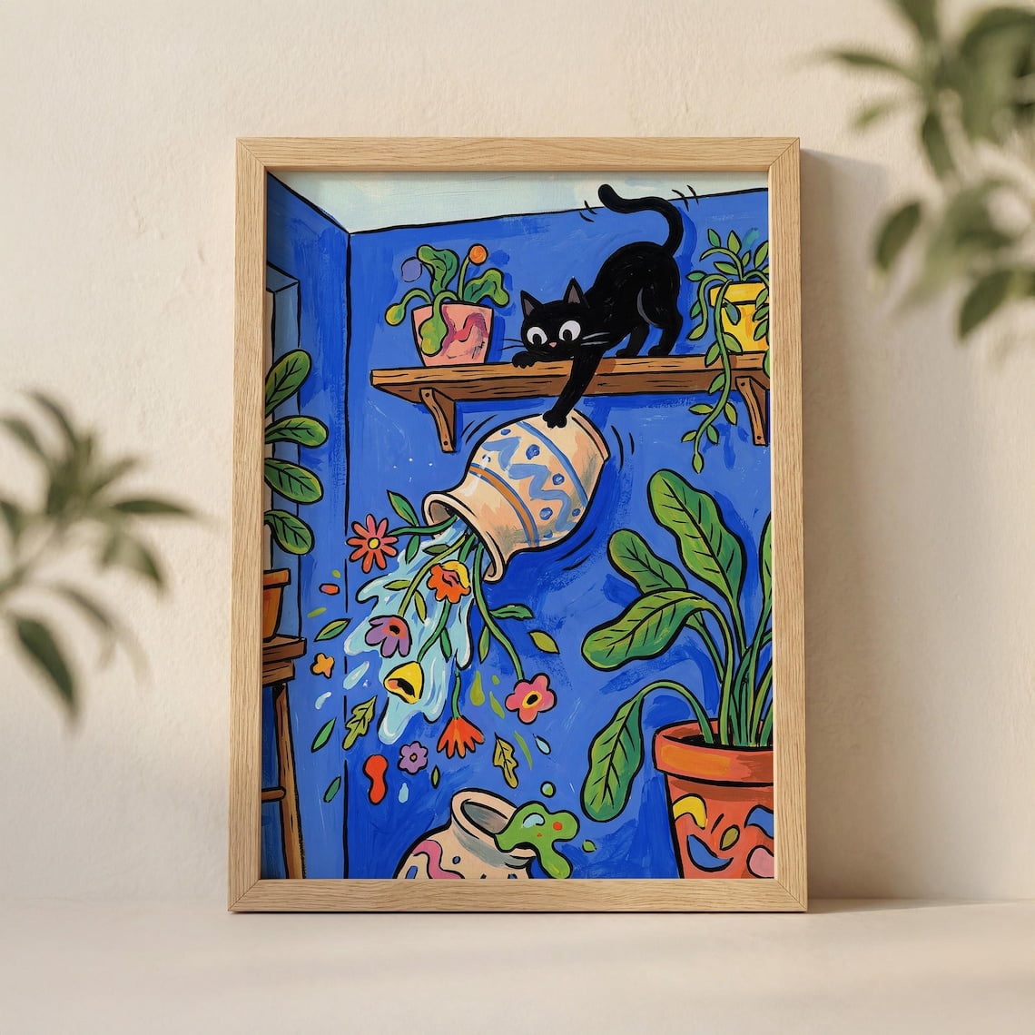 Black Cat Art Feline Illustration Pushing Flower Vase Vibrant Blue ...
