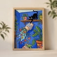Black Cat Art Feline Illustration Pushing Flower Vase Vibrant Blue ...