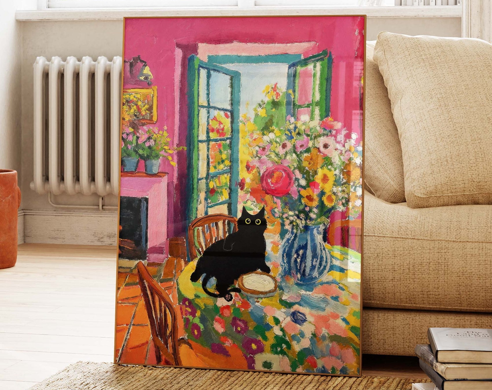Black Cat Art Poster - Matisse Open Window Flowers and Black Cat Art ...