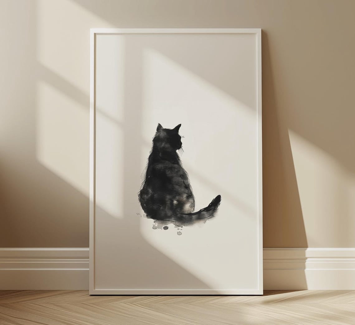 Black Cat Art Poster Minimalist Light Background Drawing Wall Home ...