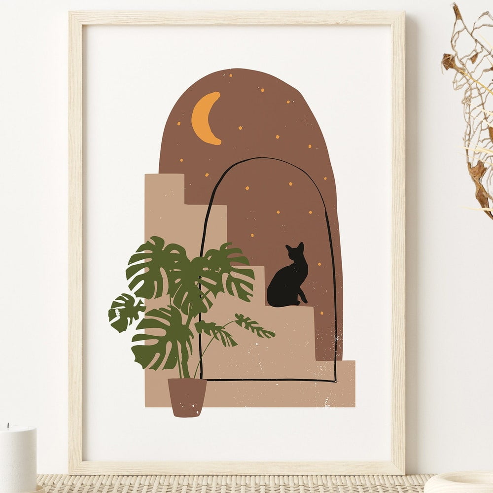 Black Cat Art Print, Bohemian Wall Decor, Earth Tones Wall Art, Boho ...