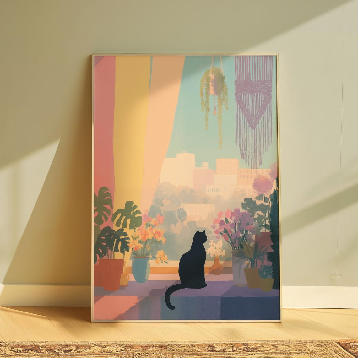 Black Cat Art Print, Cozy Boho Wall Decor, Unframed Paper Poster ...
