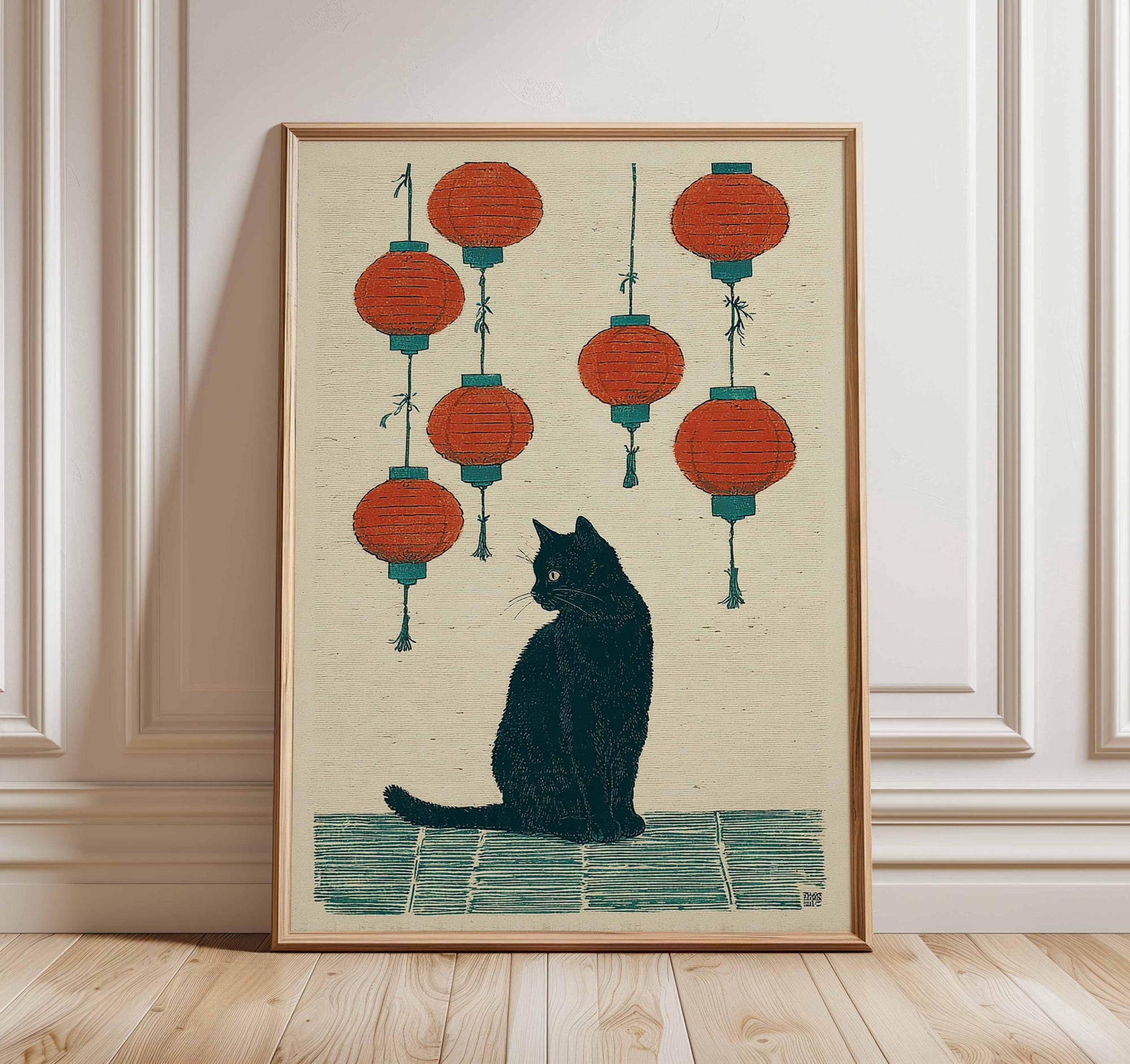 Black Cat Art Print Japanese Lanterns Minimalist Wall Decor - Walmart.com