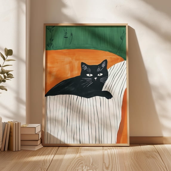 Black Cat Art Print Minimalist Feline On Couch Home Decor Office Wall ...