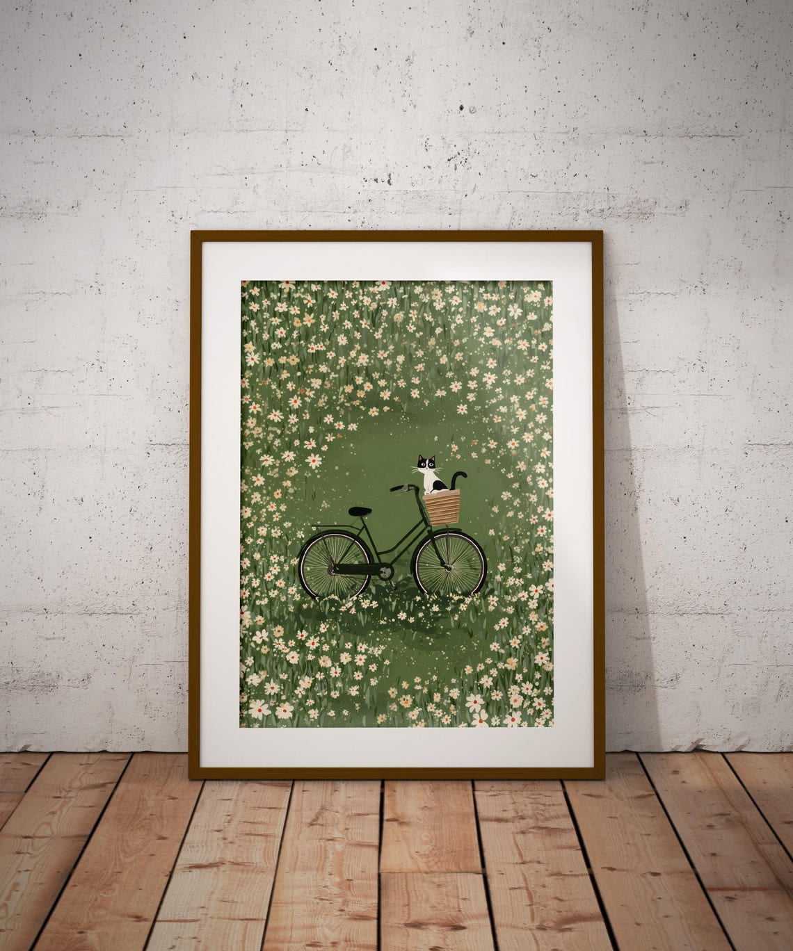 Black Cat Art Print, Retro Bike Ride, Cottagecore Floral Field Home ...