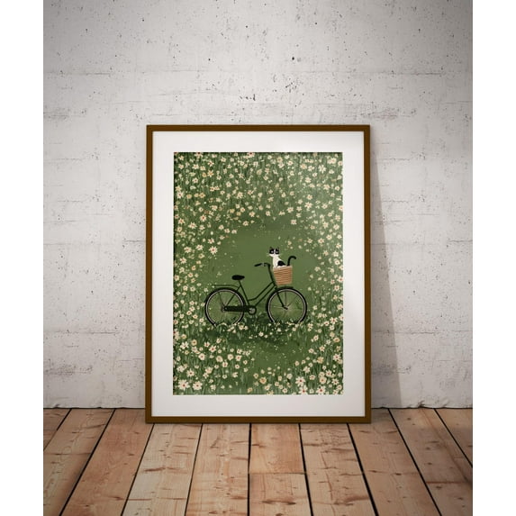 Black Cat Art Print, Retro Bike Ride, Cottagecore Floral Field Home Decor #2063, 8x12 UNFRAMED ...
