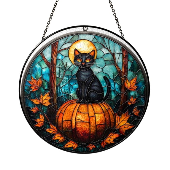 Black Cat Autumn Pumpkin Stained Glass Suncatcher, Fall Window Hanging ...