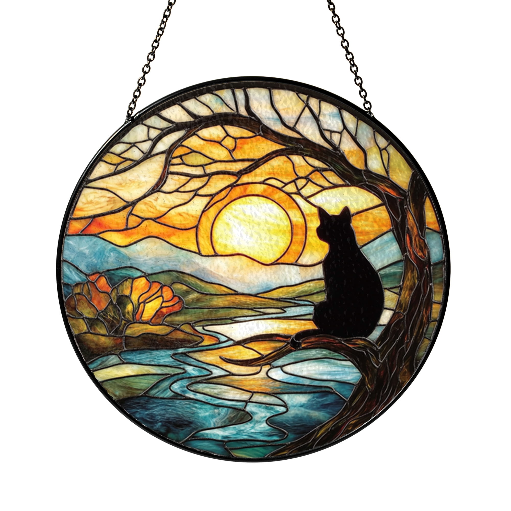 Black Cat Autumn Tree Stained Glass Suncatcher – Sunset Nature Window ...