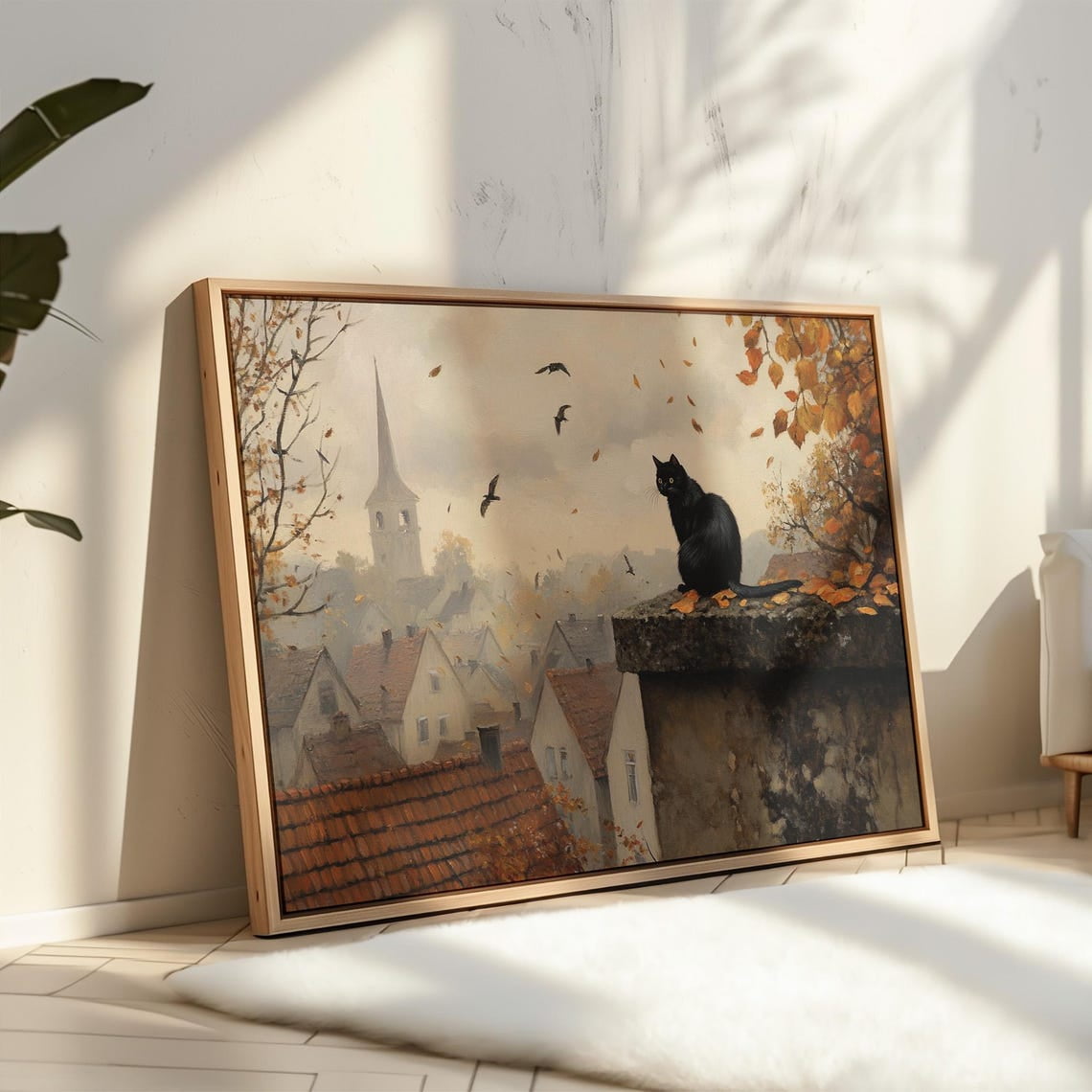 Black Cat Autumn Village Print Moody Fall Wall Art Cat Scene Spooky ...