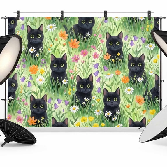 Black Cat Backdrop for Photography, Orange Purple Yellow Pink Flower ...