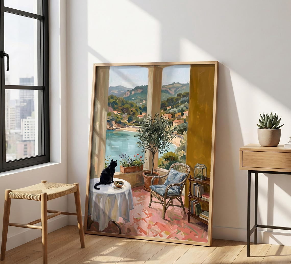 Black Cat Balcony Italian Riviera Poster, Unframed Paper Poster 11x14in ...