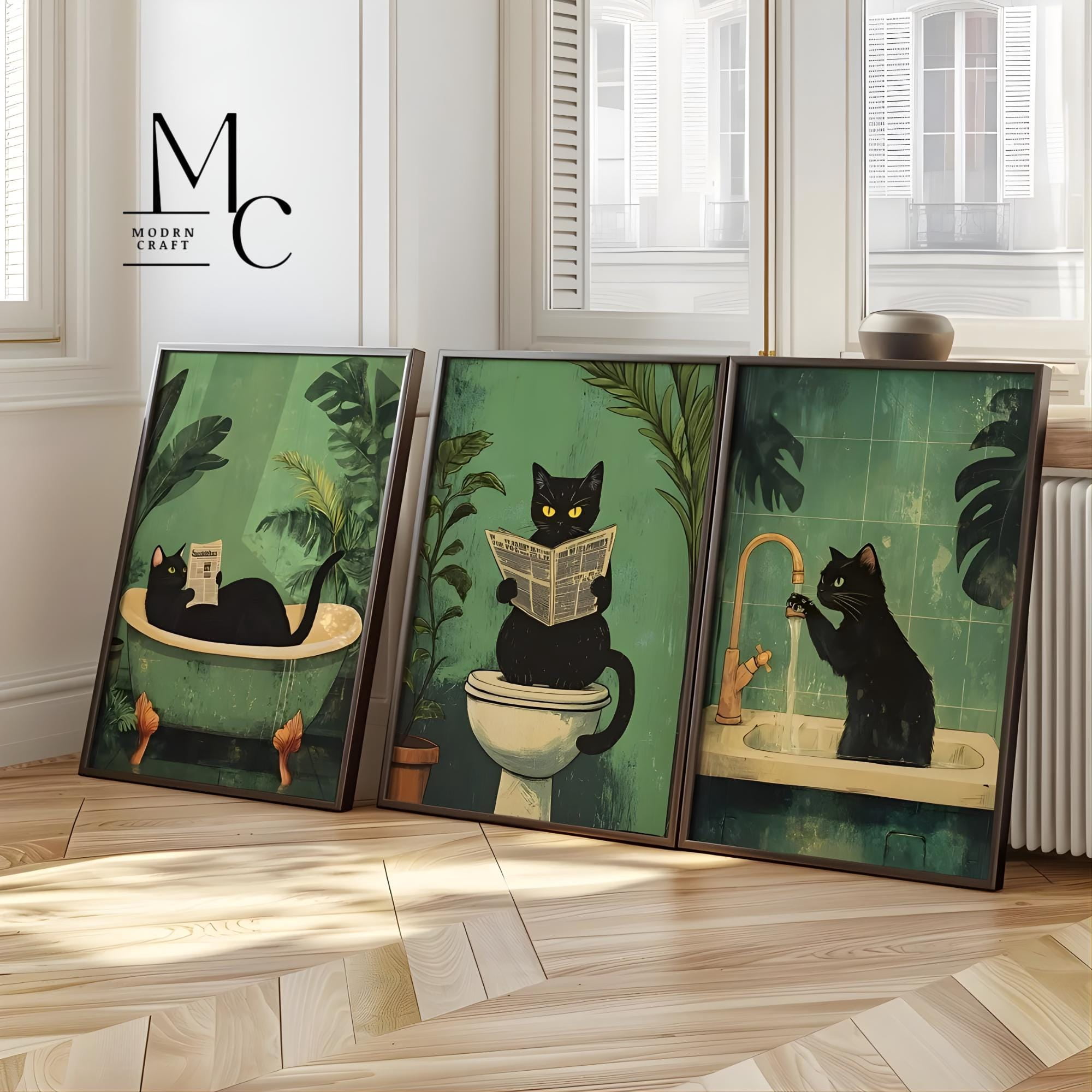 Black Cat Bathroom Art Print Set Funny Cat Wall Decor Quirky Retro ...