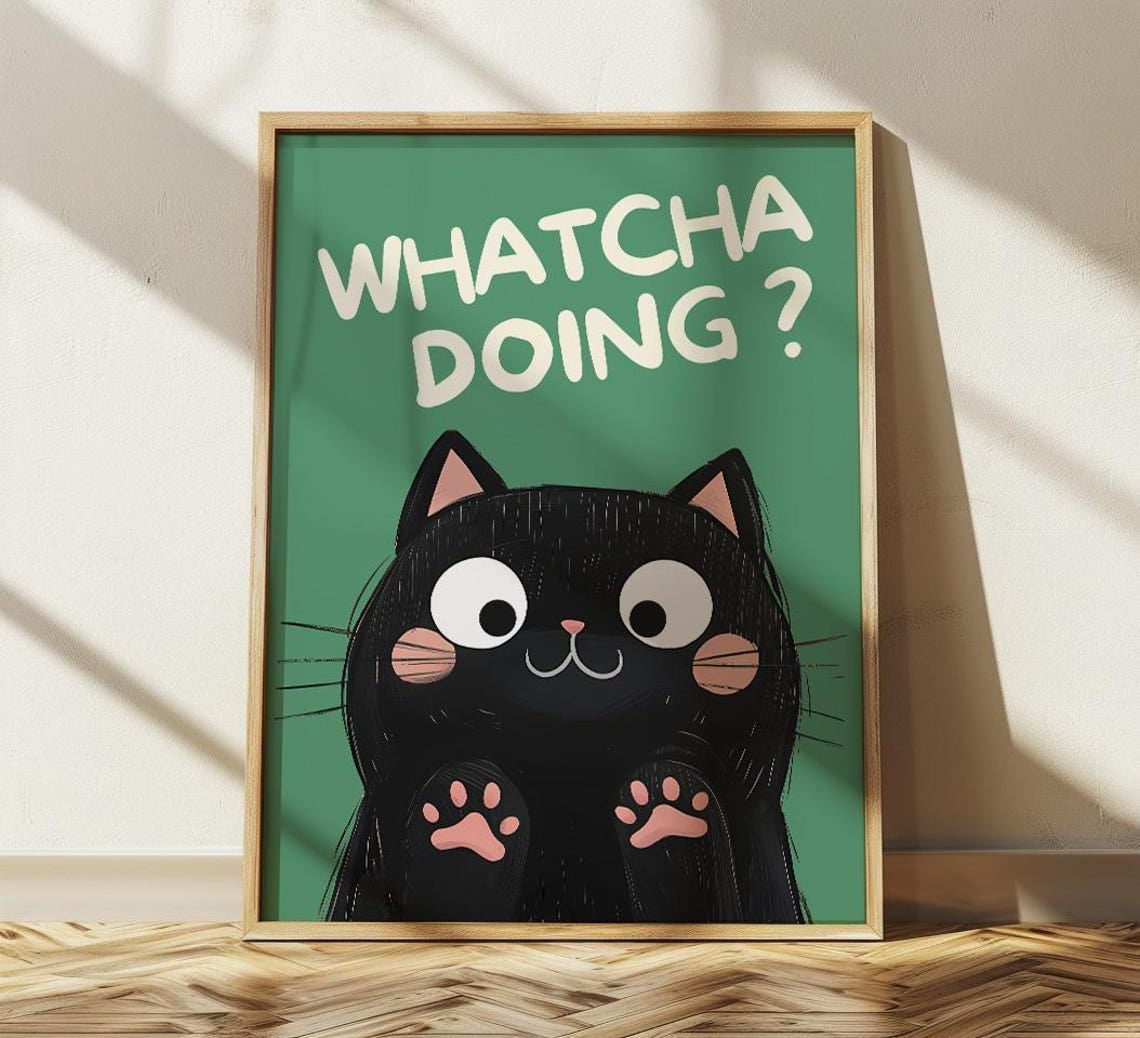 Black Cat Bathroom Art, 'Whatcha Doing?' Vintage Style Unframed Paper ...