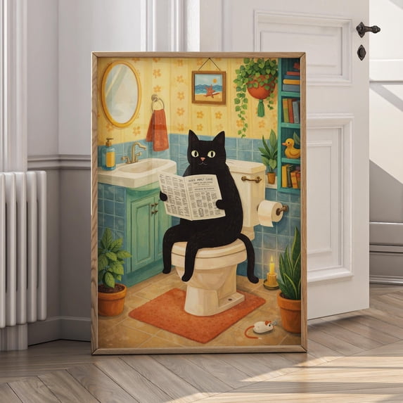 Black Cat Bathroom Cat Whimsical Animal Cozy Bathroom Cute Cat Poster ...