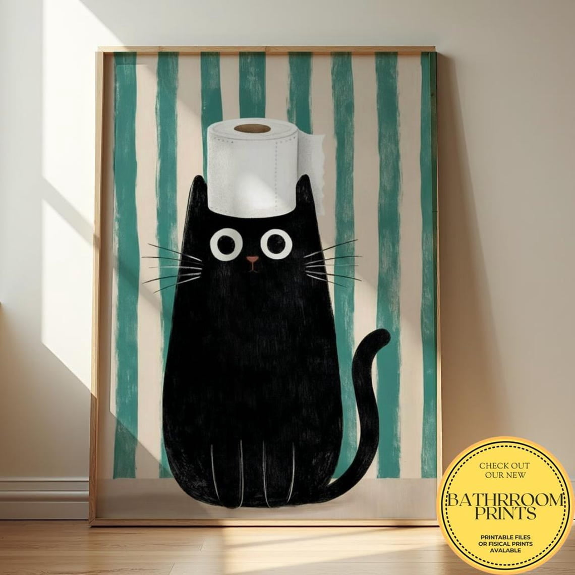 Black Cat Bathroom Cute Toilet Paper Wall Art Minimal Decor, Stretched ...