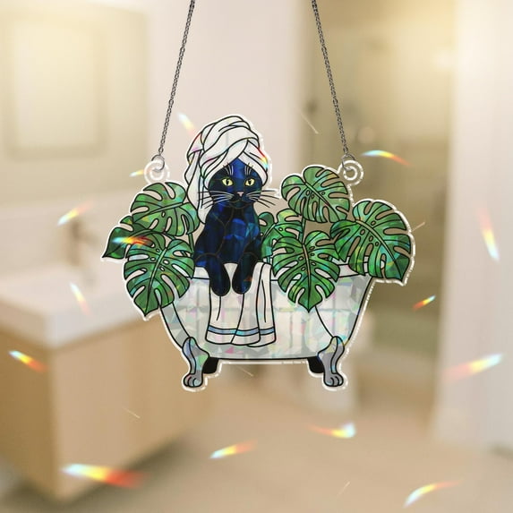 Black Cat Bathroom Decor, Holographic Acrylic Suncatcher, Spa Cat ...