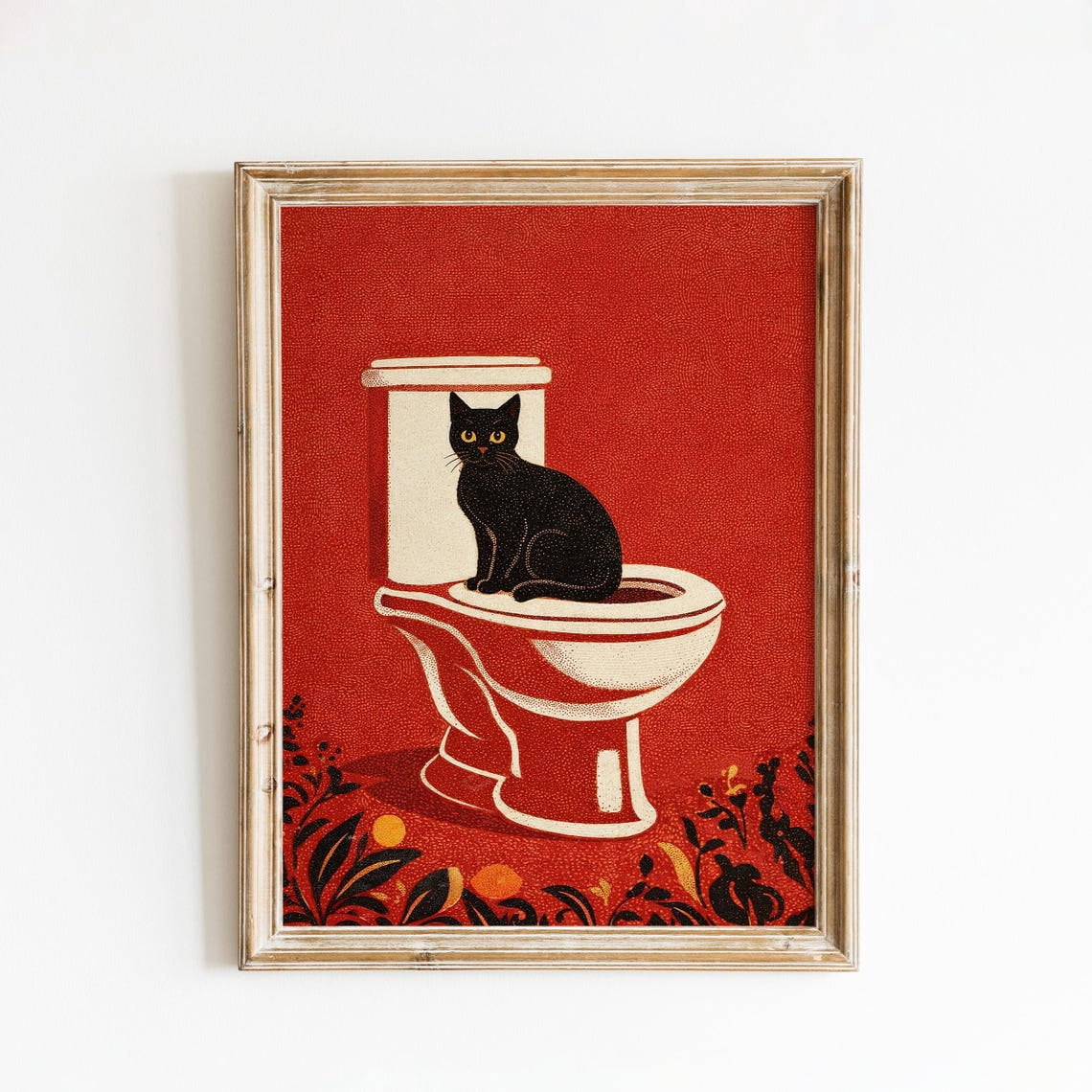 Black Cat Bathroom Funny Toilet Red Minimal Quirky Illustration Wall ...