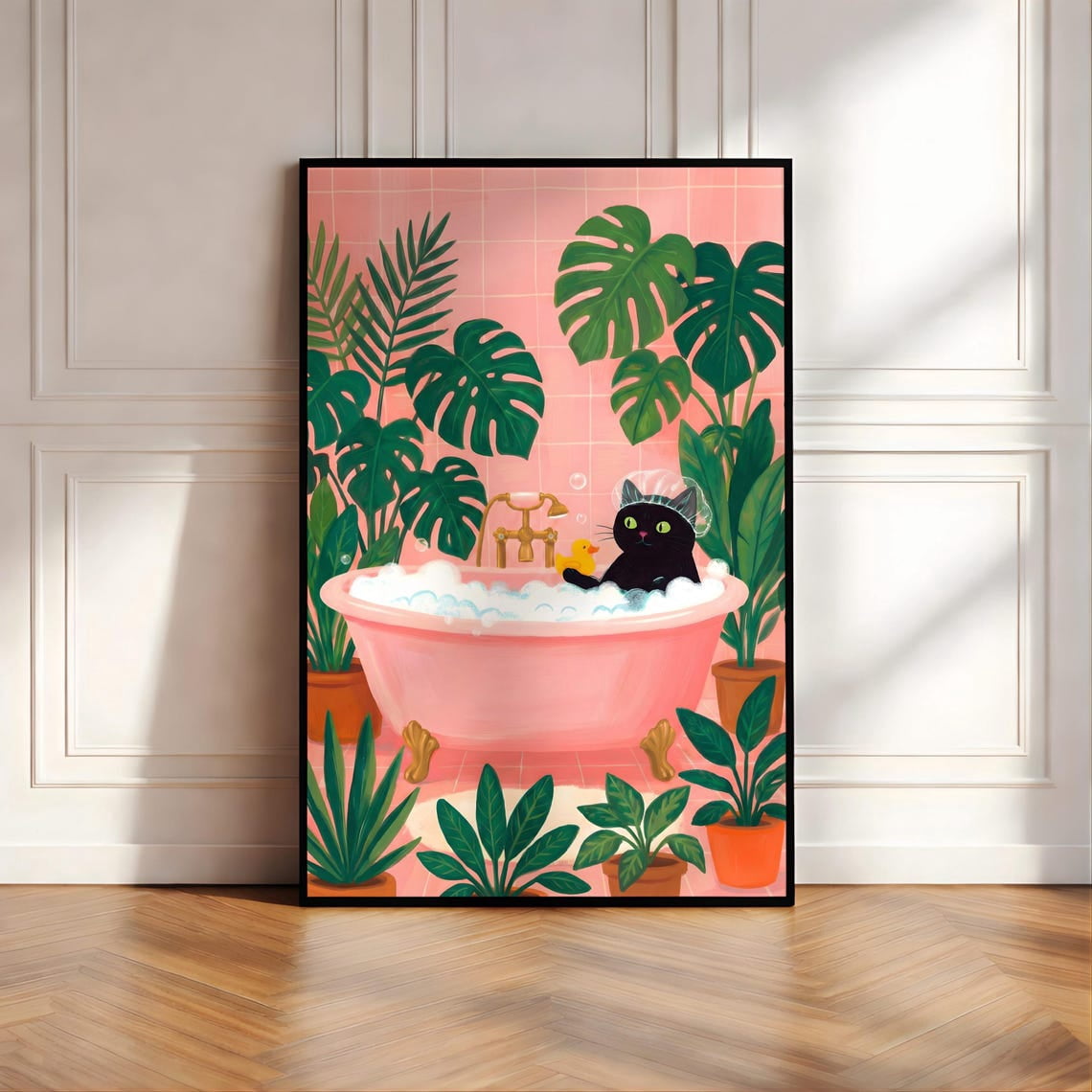 Black Cat Bathroom Pink Bathtub Tropical Maximalist Jungle Wall Decor ...
