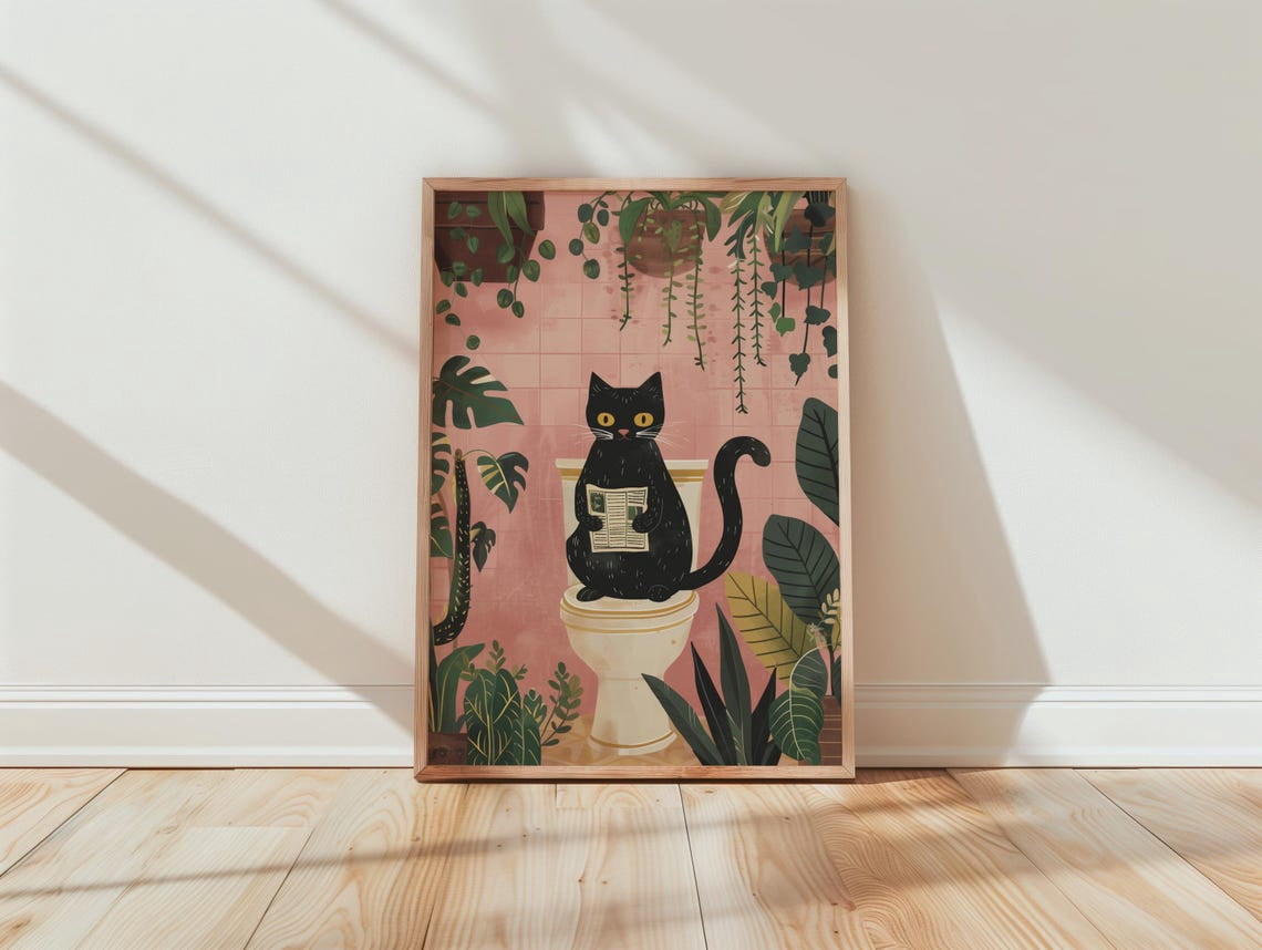 Black Cat Bathroom Pink Tile Wall Art Poster Unframed Paper Print ...