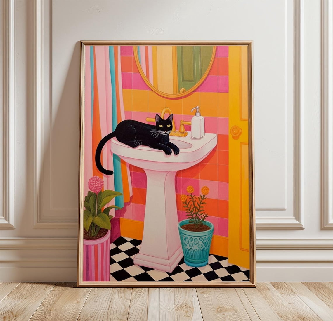 Black Cat Bathroom Poster Colorful Sink Wall Art Playful Interior Art ...