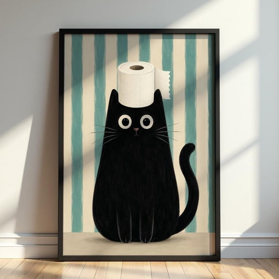 Black Cat Bathroom Poster Toilet Paper Cat Wall Art Minimal Bathroom ...