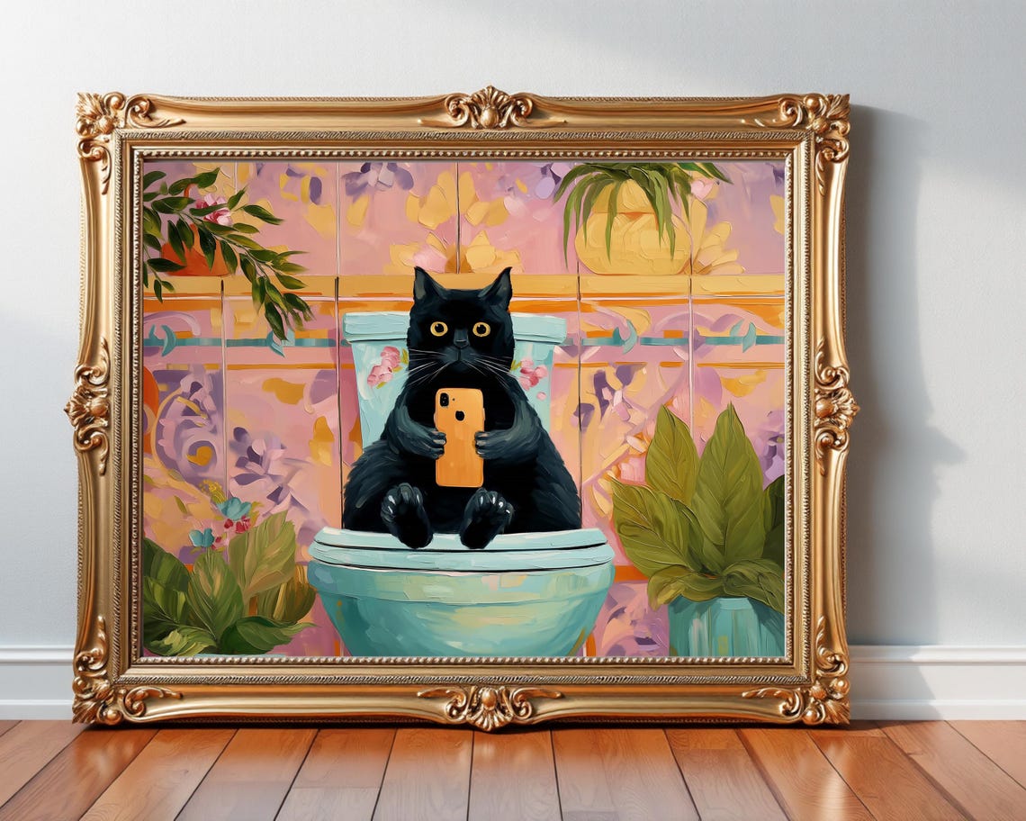 Black Cat Bathroom Poster Vintage Style Cat on Tet, Retro Feline Decor ...