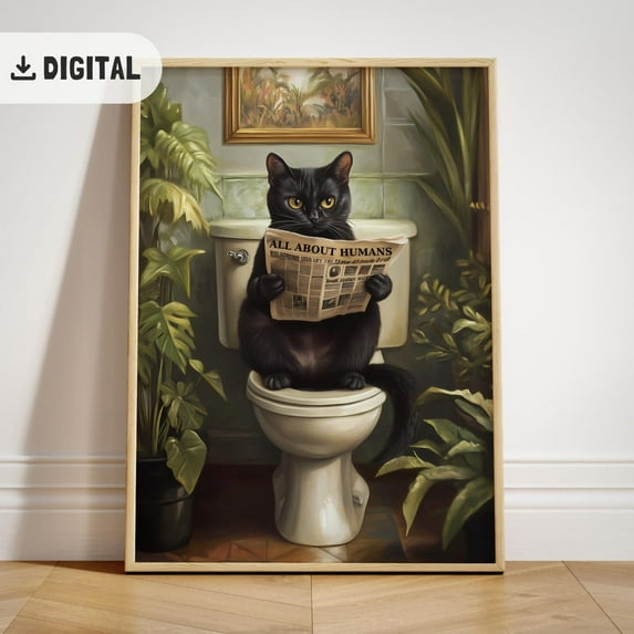 Black Cat Bathroom Poster, Wall Decor, Cat Pooping Poster Wc Art ...