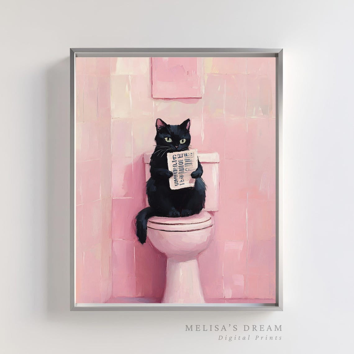 Black Cat Bathroom Print Newspaper Reading Pink Restroom Decor Unframed ...