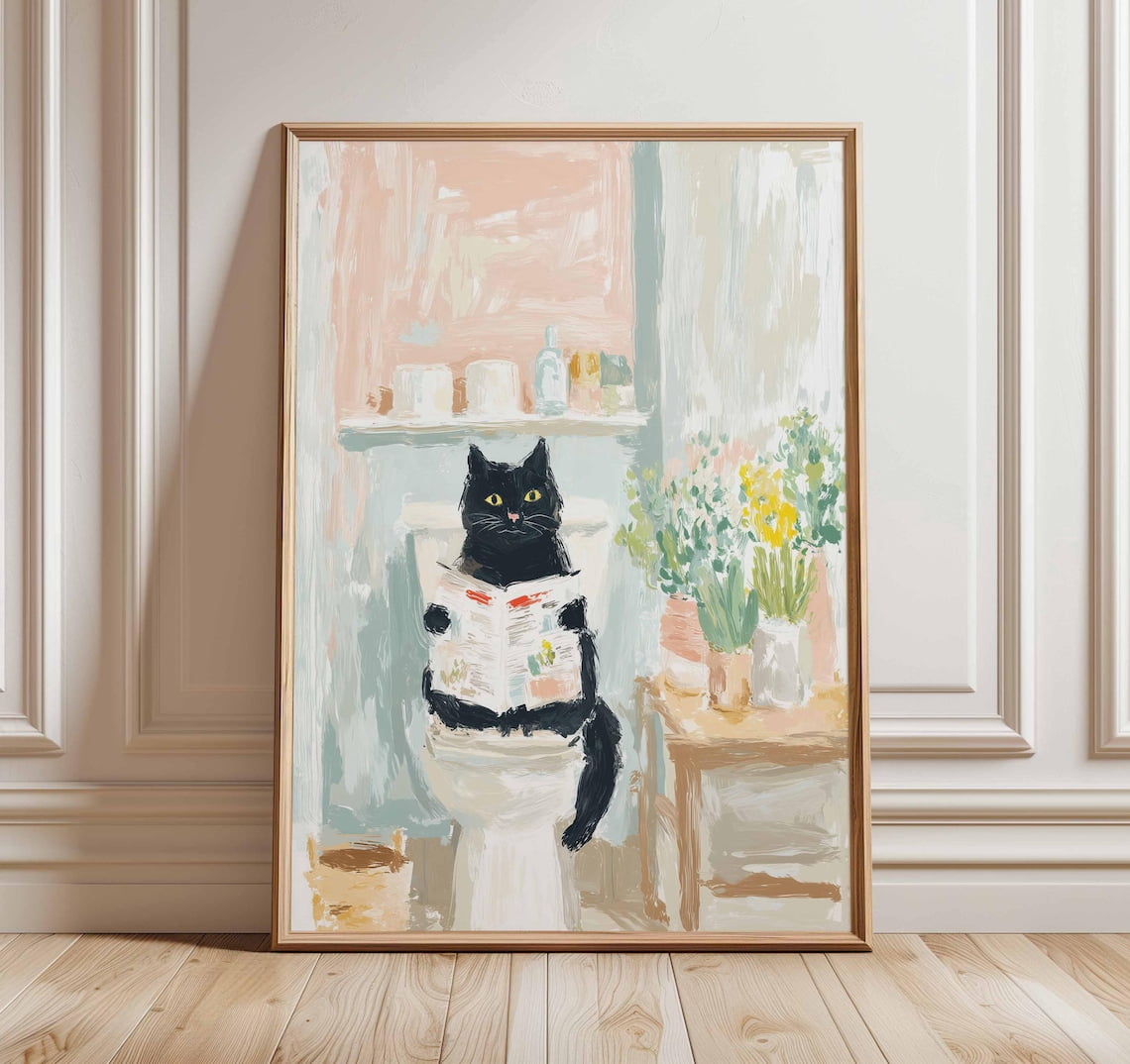 Black Cat Bathroom Reading Wall Art Print, Unframed Paper Poster ...