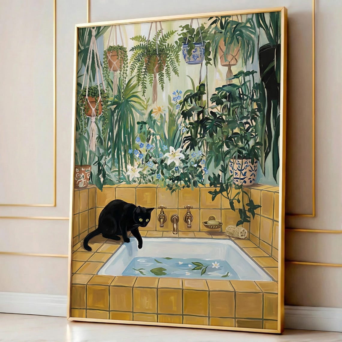 Black Cat Bathroom Retro Yellow Tile Decor Botanical Wall Art Jungle ...