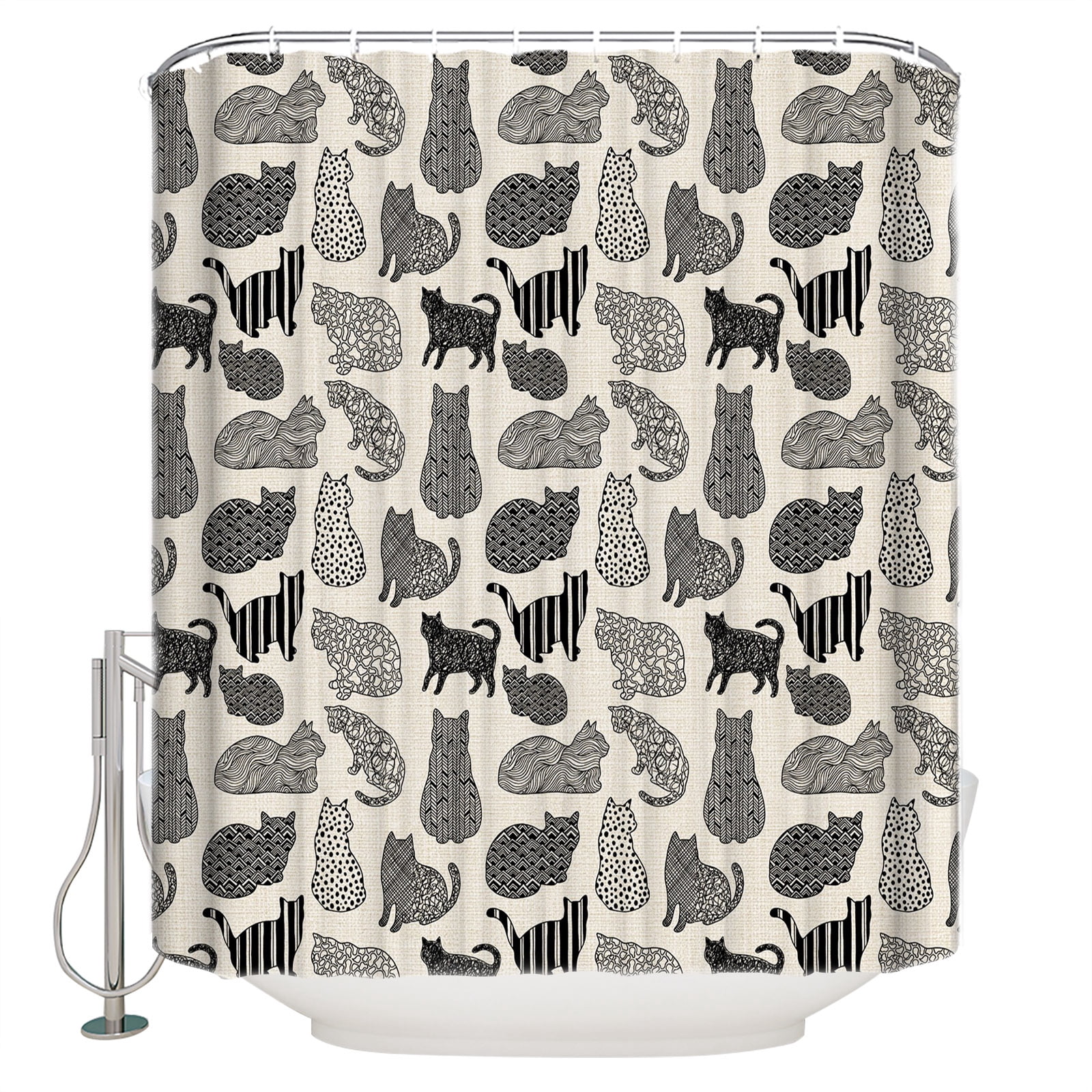 Black Cat Bathroom Shower Curtains with 12 Hooks Polyester Waterproof ...