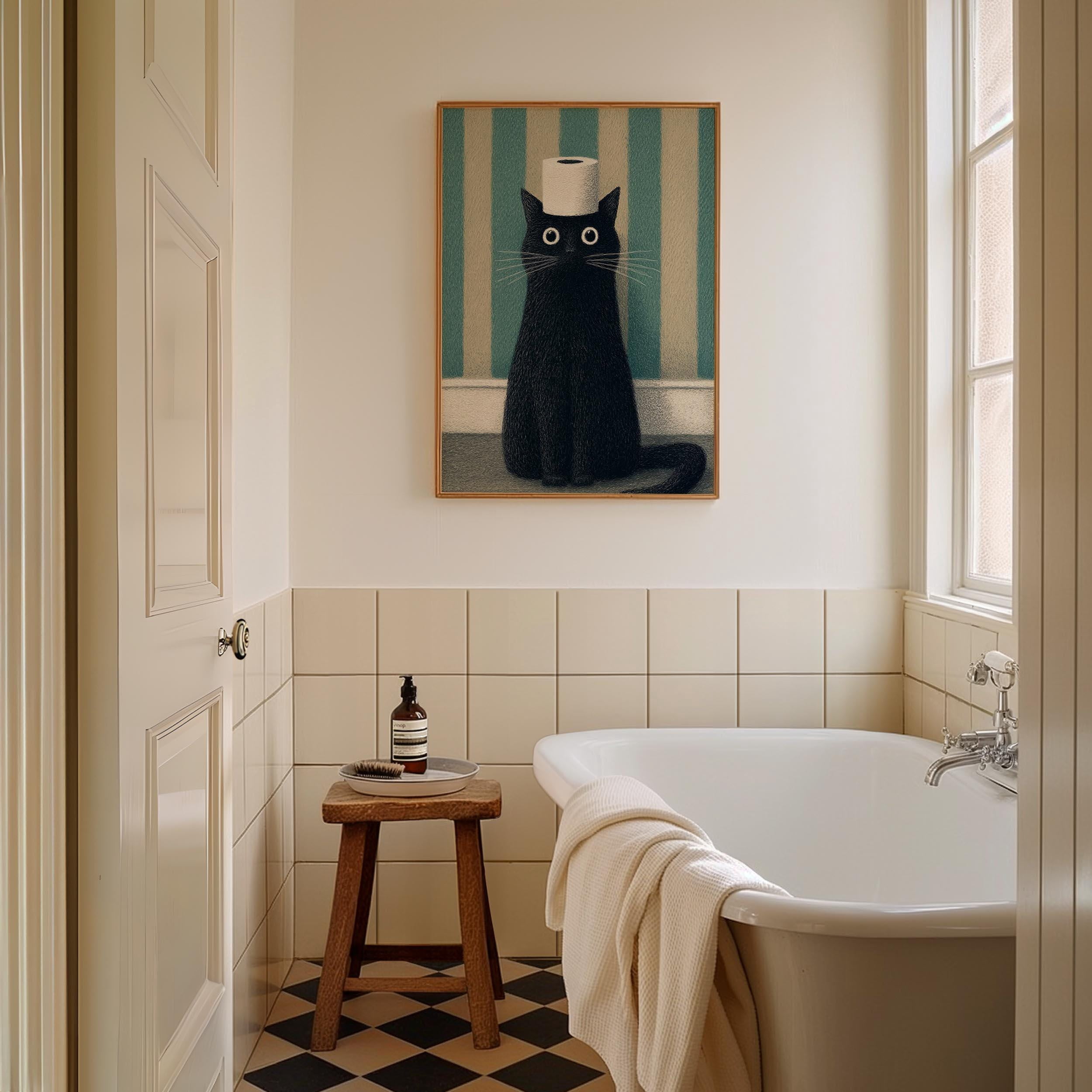 Black Cat Bathroom Wall Art Print Funny Toilet Paper Cat Illustration ...
