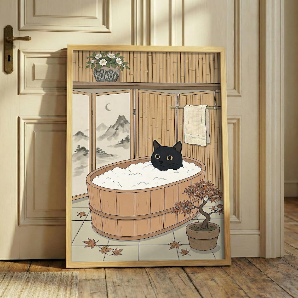 Black Cat Bathtub Japanese Japandi Zen Funny Feline Onsen Relaxing Spa ...