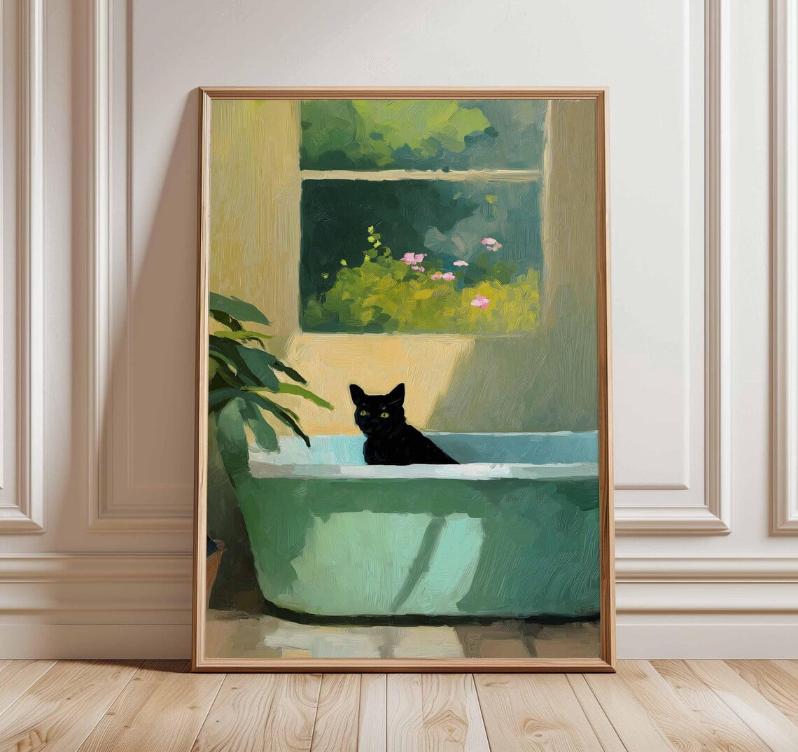 Black Cat Bathtub Vintage Aesthetic Oil Painting Style Cat Decor ...