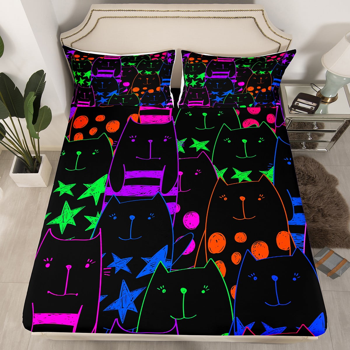 Black Cat Bed Sheets, Cartoon Cute Cat Fitted Sheet For Kids Girls Boys ...
