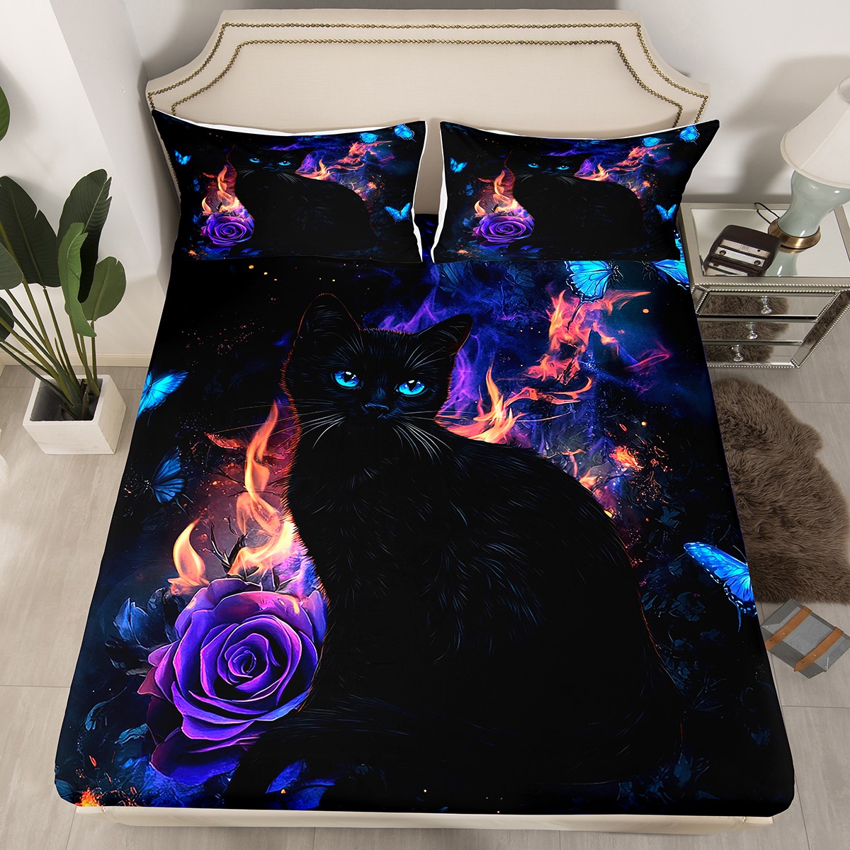 Black Cat Bed Sheets Queen Blue Rose Floral Fitted Sheet Blue Butterfly ...