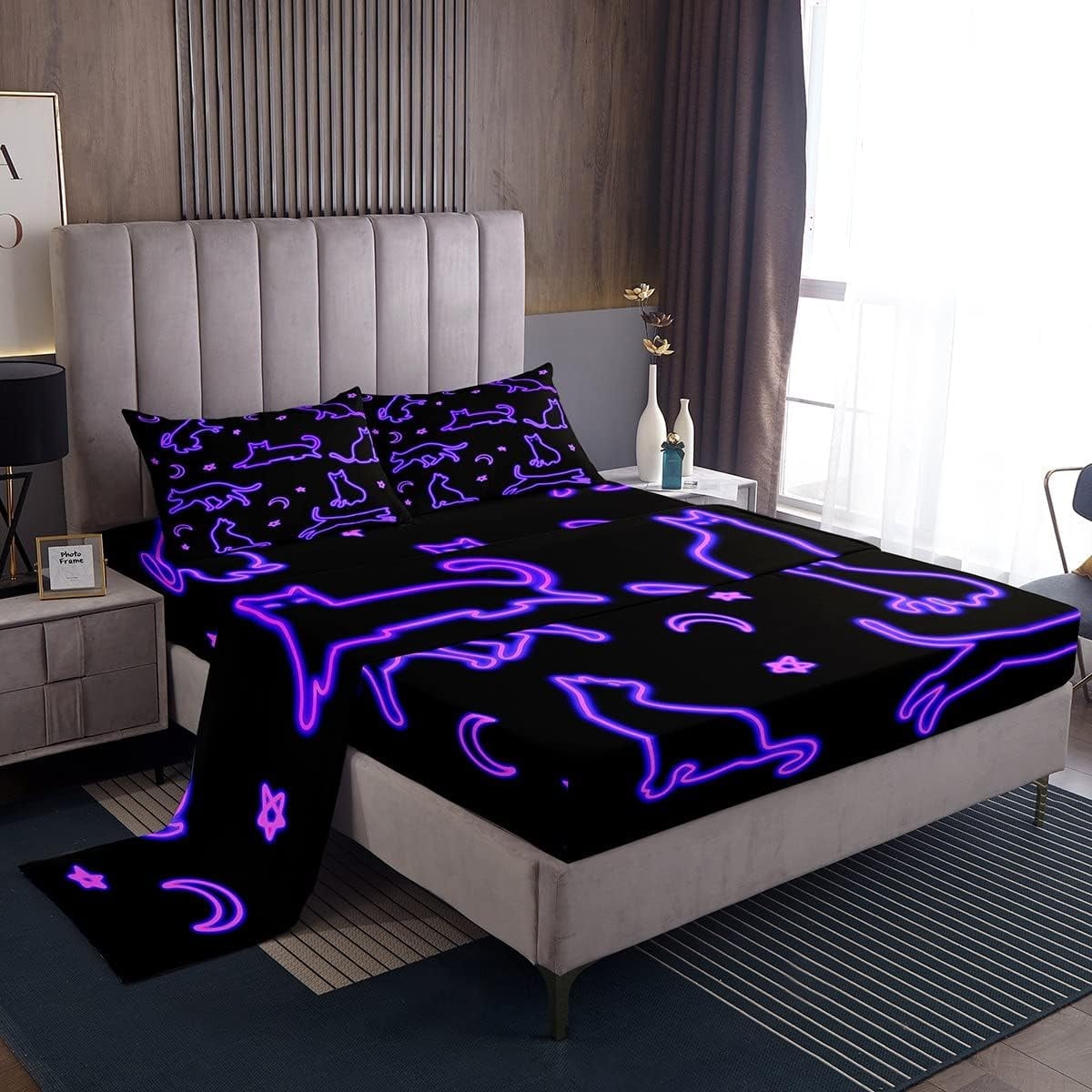Black Cat Bed Sheets Set Full, Glowing Stars Moon Sheet Set , Neon ...