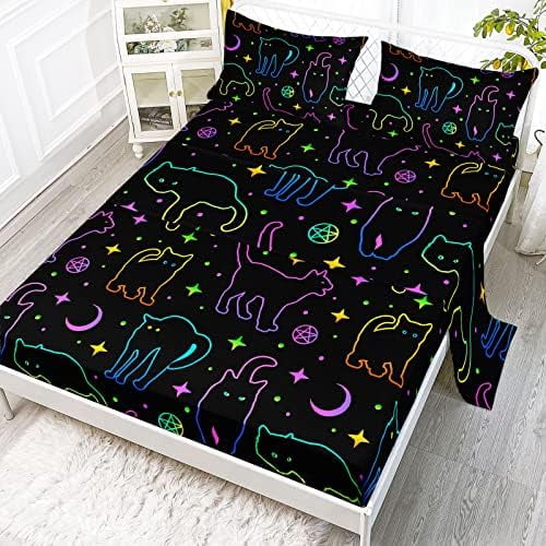 Black Cat Bedding Cartoon Cat Sheet Set Twin,Moon Stars Printed Kids ...
