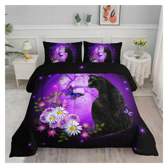 Black Cat Bedding Cartoon Cat Comforter Set Full, Butterflies Printed ...