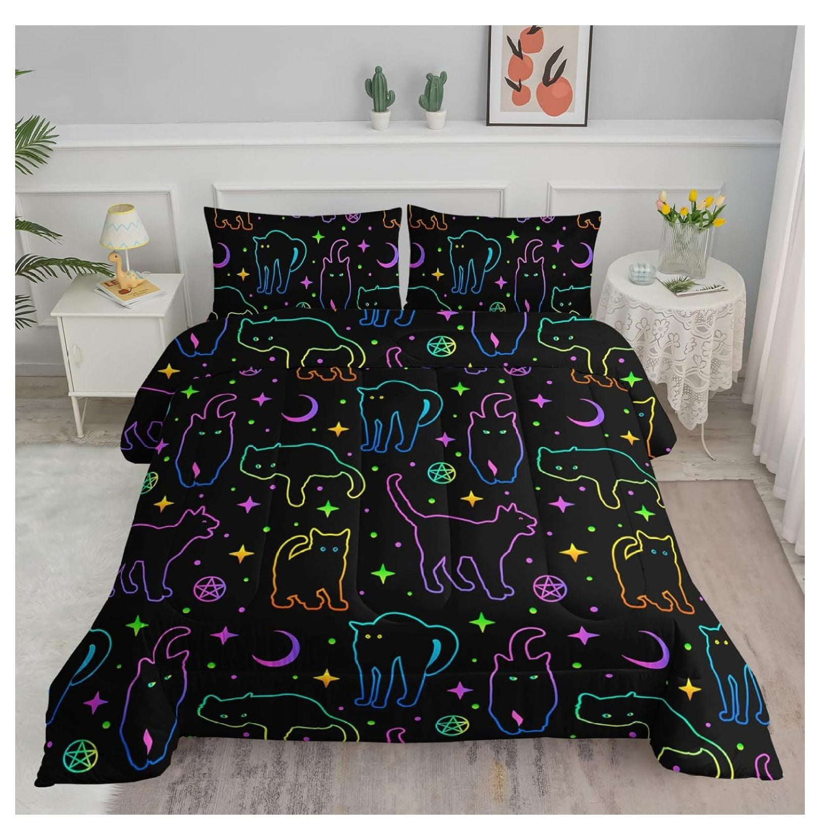 Black Cat Bedding Cartoon Cat Comforter Set Full,Moon Stars Printed ...