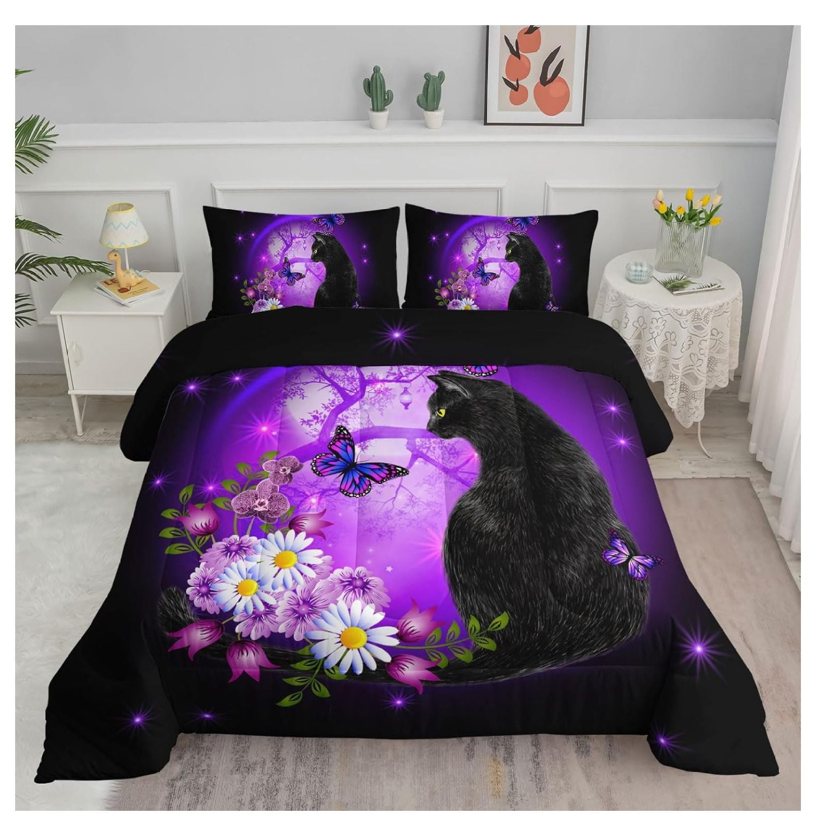 Black Cat Bedding Cartoon Cat Comforter Set Queen, Butterflies Printed ...